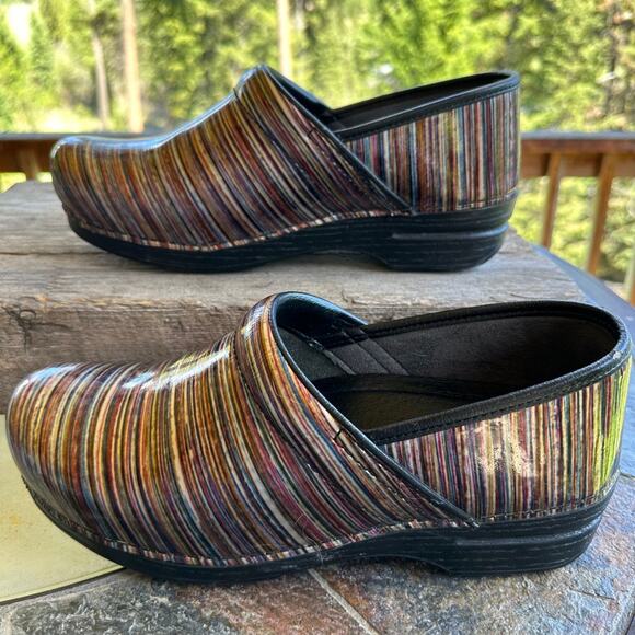 Dansko | Shoes | Dansko Xp 2 Clogs Colorful Striped Patent Leather Sz ...